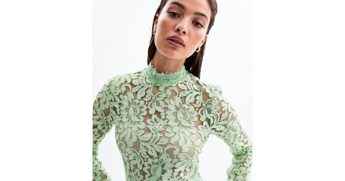 Light Green Lace High Neck Long Sleeve Mini Dress | New Look