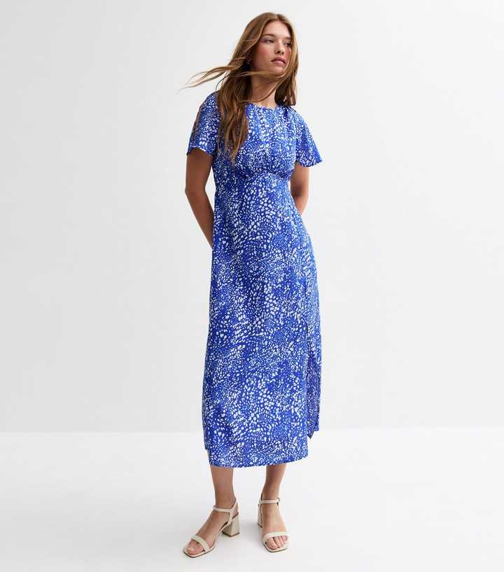 Blue Patterned Slit Sleeve Midi Dress | New Look
