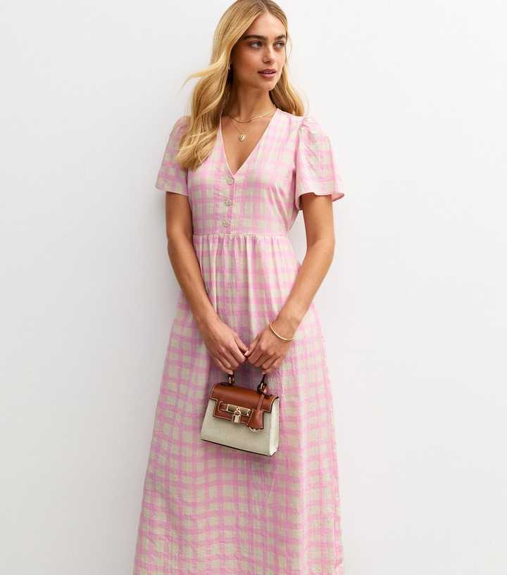 Pink Gingham Check V-Neck Button Front Midi Dress | New Look