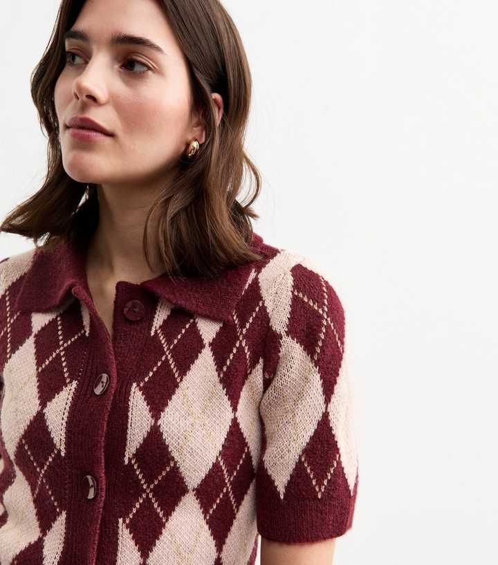 Red Argyle Knit Short Sleeve Cardigan | New Look