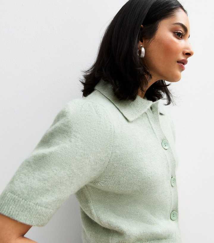 Green Button Up Short Sleeve Collared Cardigan | New Look