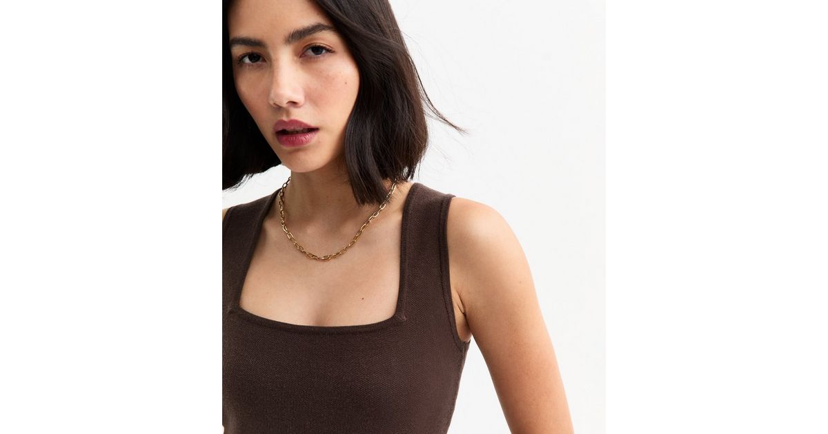 Dark Brown Square Neck Compact Knit Vest | New Look