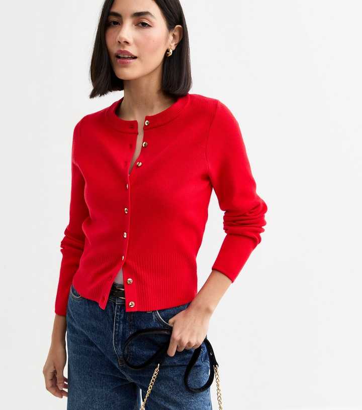 Red Compact Knit Button Up Cardigan | New Look
