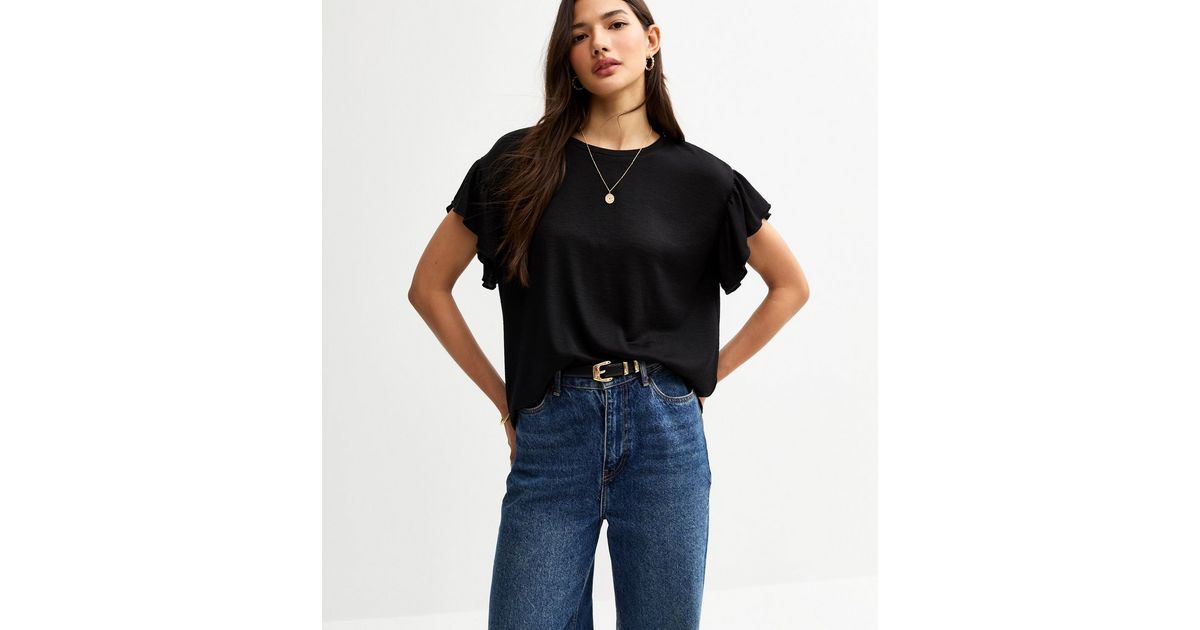 Black Textured Frilly Trim Top | New Look