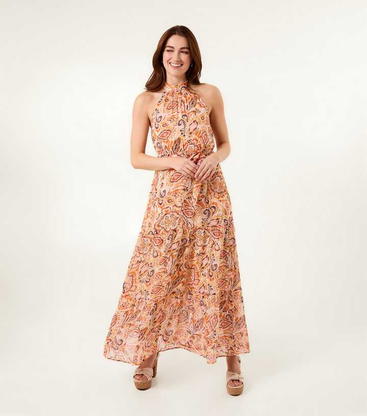Blue Vanilla Orange Printed Halterneck Maxi Dress | New Look