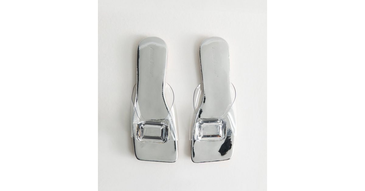 Public Desire Silver Girls Trip Perspex Strap Flat Sandals | New Look