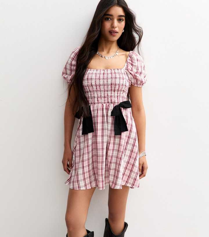 Pink Checked Shirred Bow Trim Mini Dress | New Look