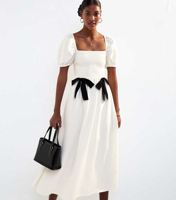 White Shirred Bow Trim Midi Dress | New Look