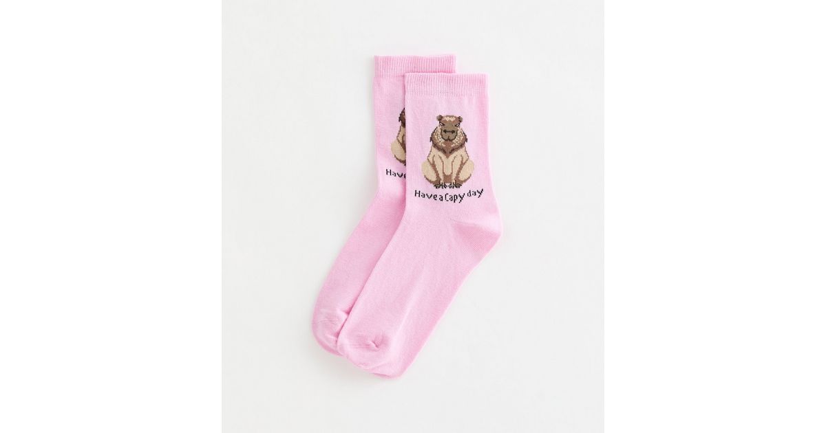 Pink Have a Capy Day Capybara Slogan Socks | New Look