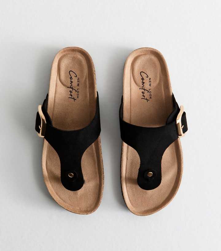 Black Faux Suede Toe Post Mule Sandals | New Look