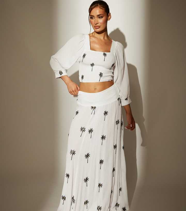 South Beach White Crinkle Texture Palm Embroidered Maxi Skirt | New Look