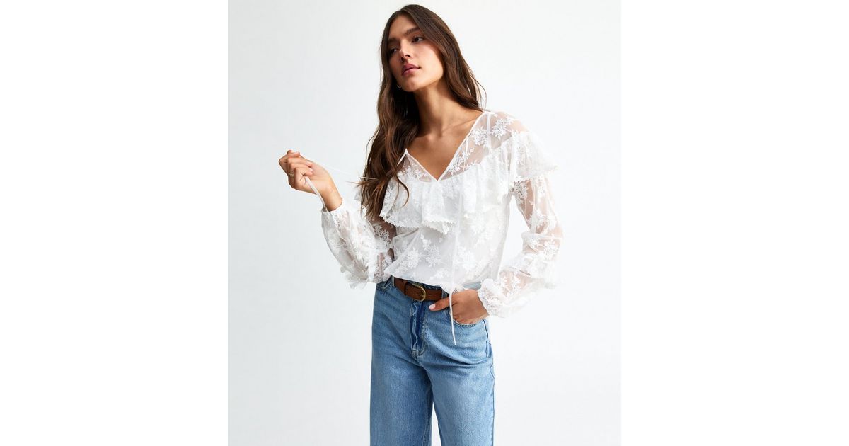 White Floral Embroidered Lace Mesh Blouse | New Look