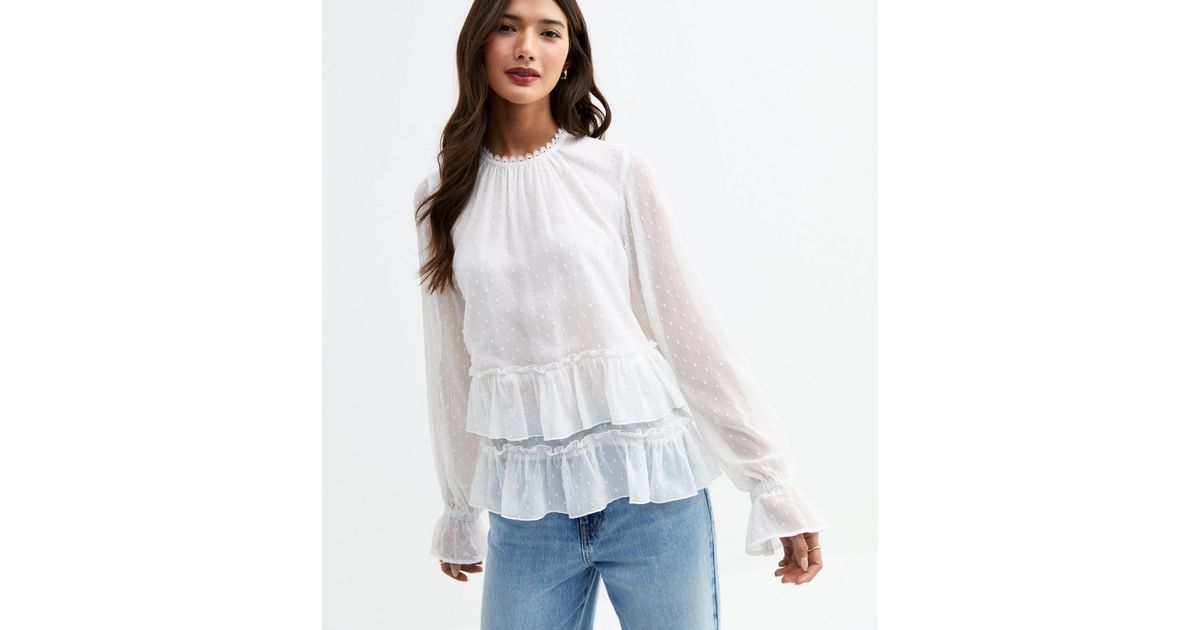 White Chiffon Frilly Trim Blouse | New Look