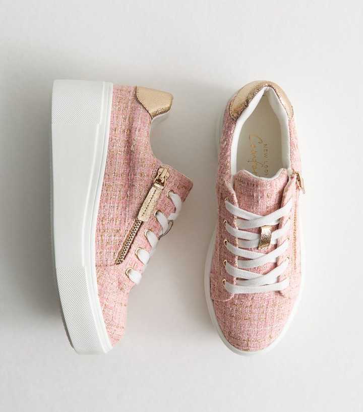 Pink Boucle Flatform Trainers | New Look