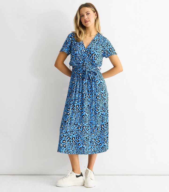 Gini London Blue Leopard Print Midi Wrap Dress | New Look