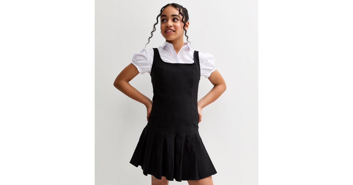 Girls Black Pleated Dropped Skirt School Dress | New Look
