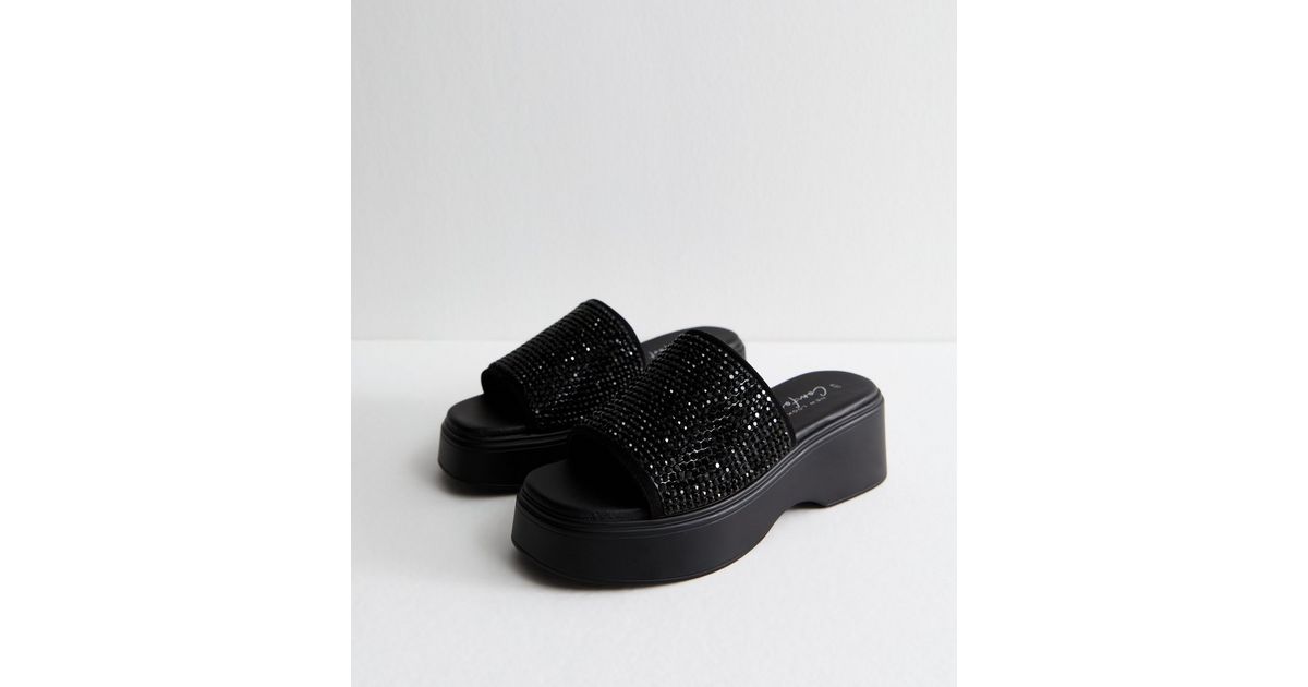 Black Rhinestone Embellished Flatform Mules | New Look
