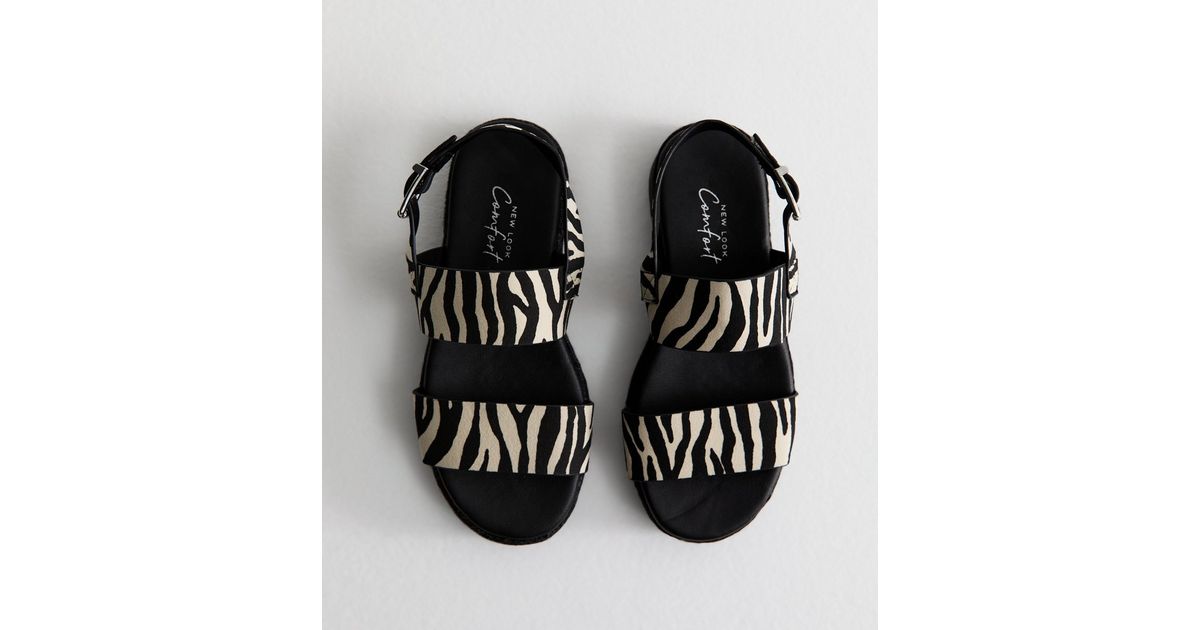 Wide Fit Black Faux Suede Zebra Print Flatform Sandals | New Look