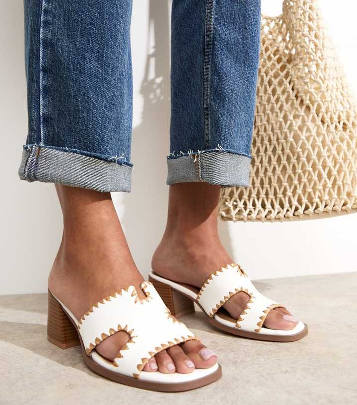 Wide Fit White Whipstitched Block Heel Mules | New Look
