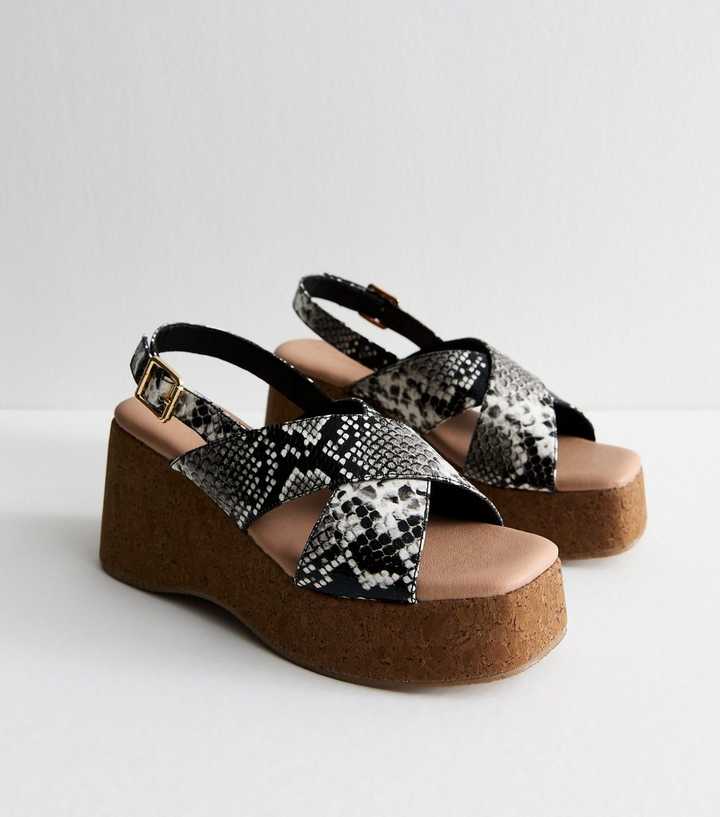 Cream Faux Leather Snake Print Platform Sandals | New Look