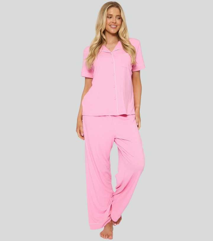 Loungeable Bright Pink Ribbed Shirt And Trousers Pyjama Set | New Look