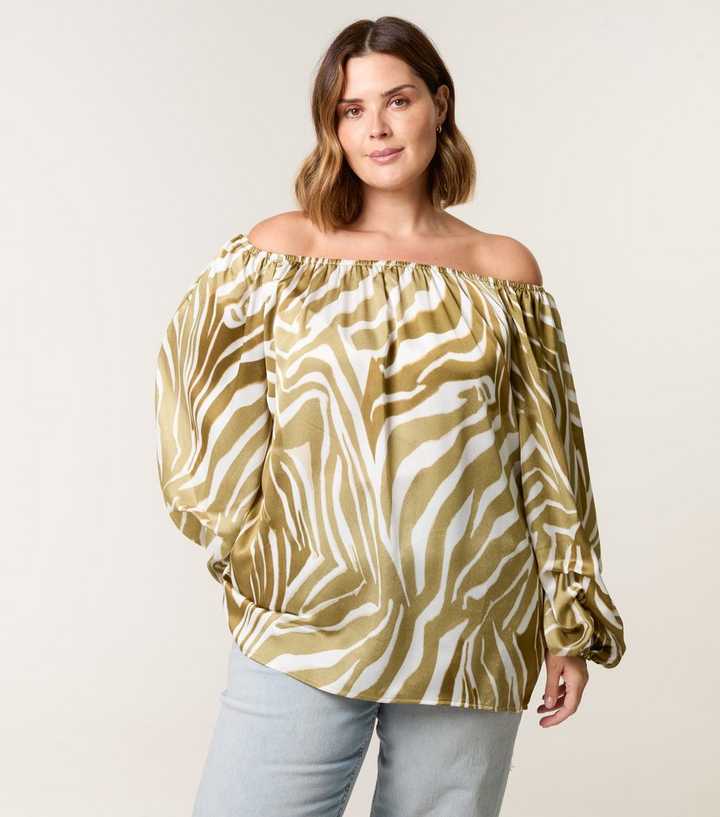 Blue Vanilla Curve Khaki Zebra Print Bardot Top | New Look