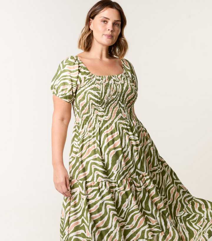 Blue Vanilla Curves Green Zebra Print Shirred Midi Dress | New Look