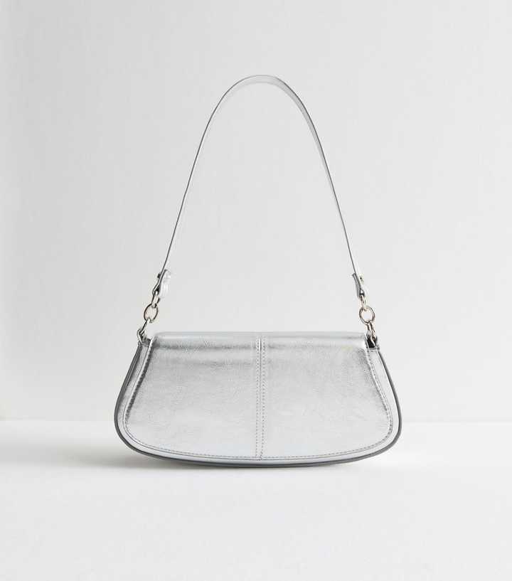 Silver Patent Faux Leather Curved Shoulder Bag | New Look