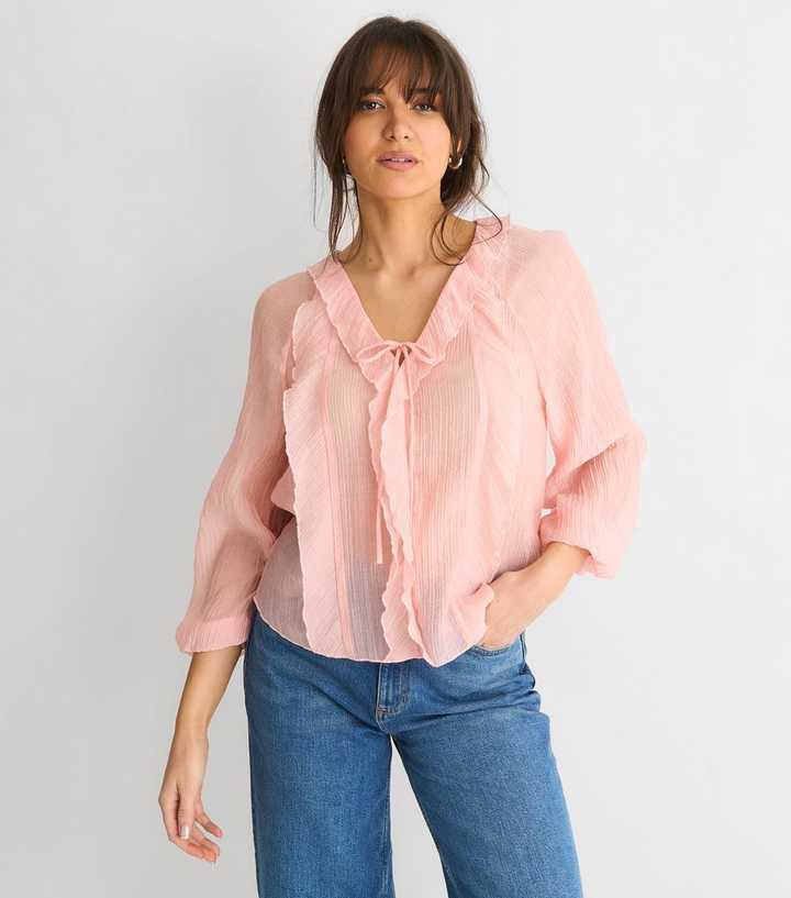 Gini London Pink Tie Detail Ruffle Blouse | New Look