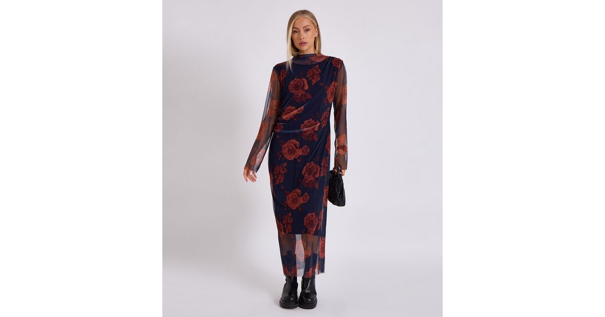 Gini London Navy Rose Print Mesh Midi Dress | New Look