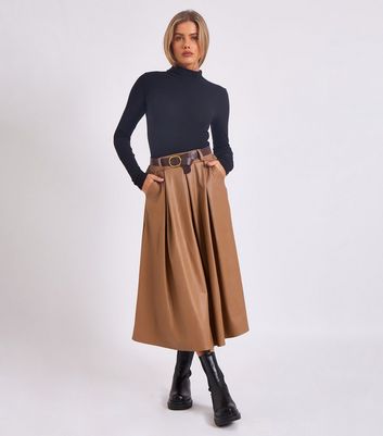 Gini London Camel Faux Leather Belted Midi Skirt New Look