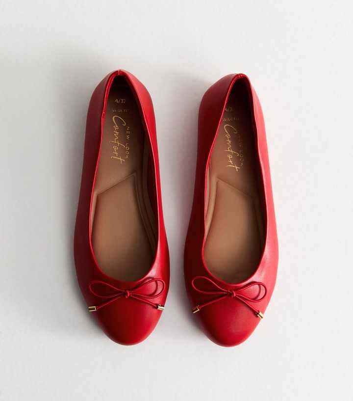 Wide Fit Red Leather Look Ballerina Shoes | New Look