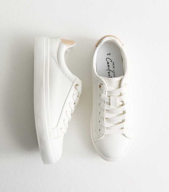 White Faux Leather Contrast Heel Tab Trainers | New Look
