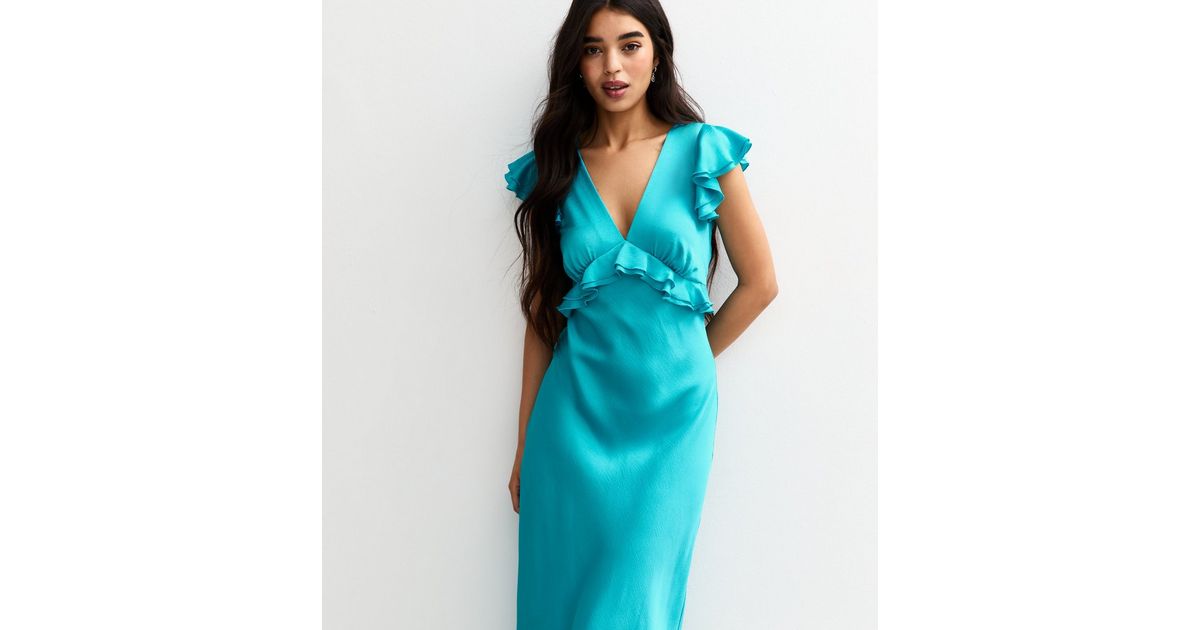 Turquoise Ruffled Satin V-Neck Midi Dress | New Look