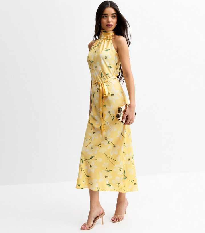 Yellow Floral Print Satin Halterneck Midi Dress | New Look