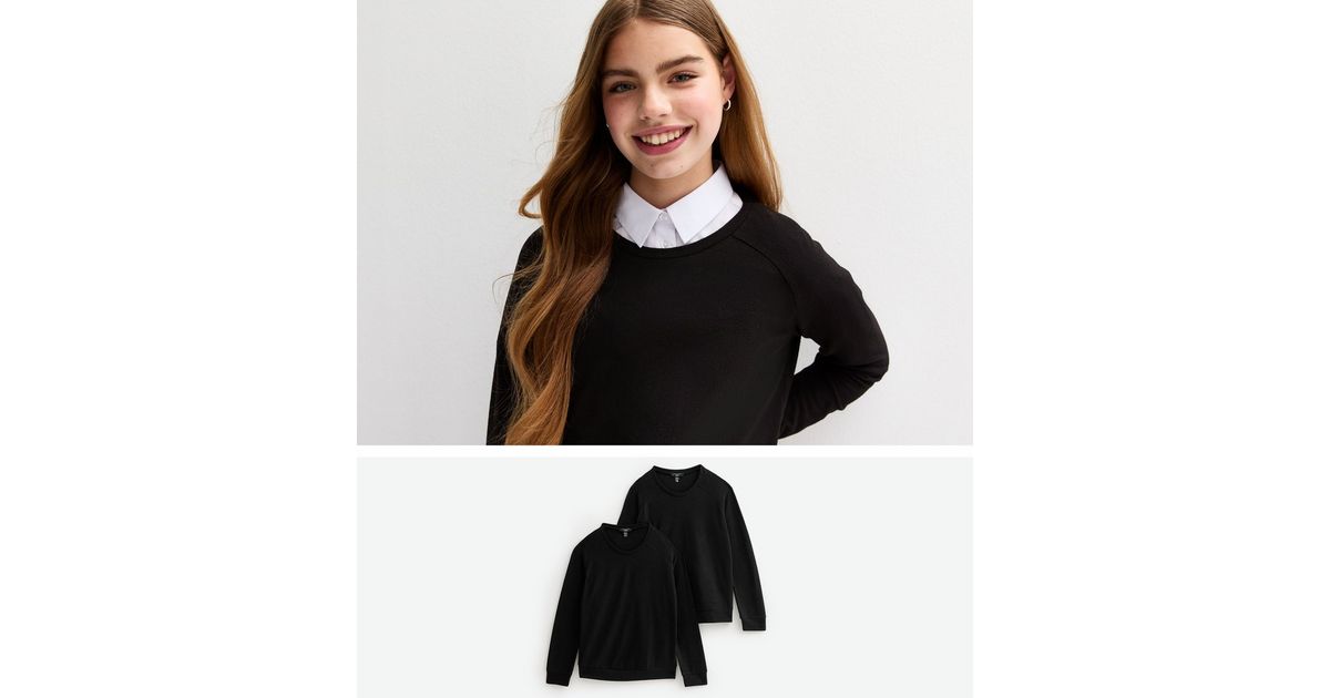Girls Black Pack Of 2 Crew Neck School Jumpers | New Look