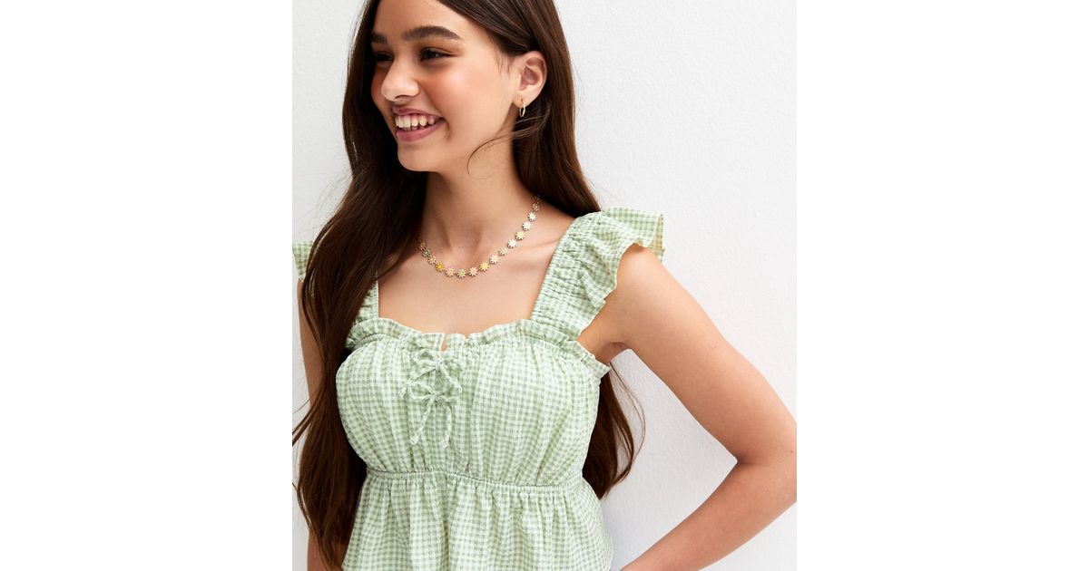 Girls Green Gingham Ruffle Shoulder Top | New Look