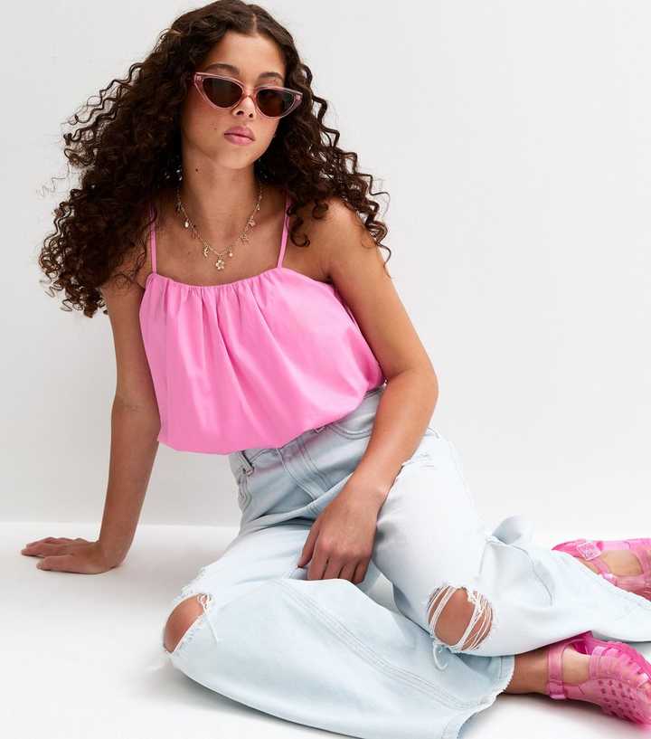 Girls Bright Pink Poplin Puffball Hem Cropped Top | New Look