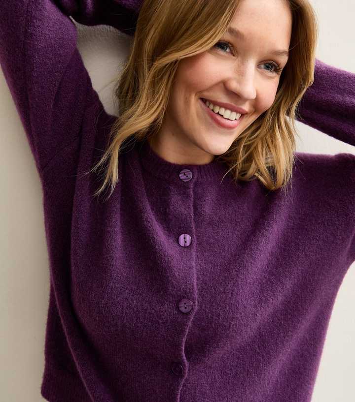 Dark Purple Crew Neck Knit Cardigan | New Look