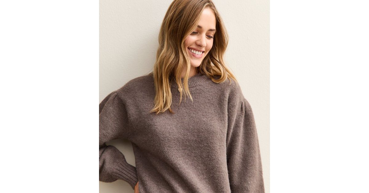 Dark Mink Puff Sleeve Crew Neck Jumper | New Look