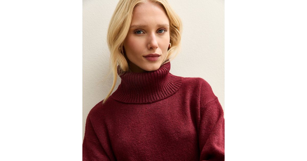 Dark Red Longline Roll Neck Jumper | New Look