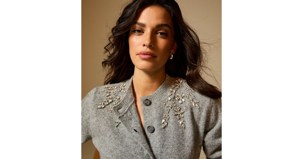 Grey Diamante Floral Embellished Crew Neck Cardigan | New Look