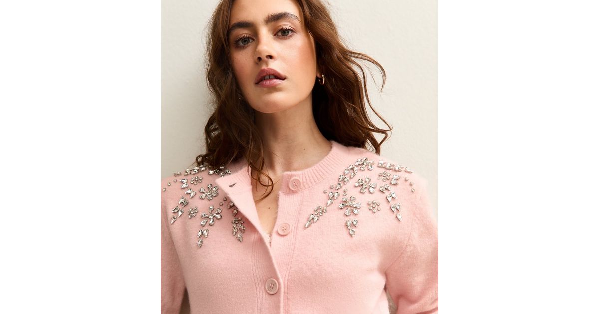 Pink Diamante Floral Embellished Crew Neck Cardigan | New Look