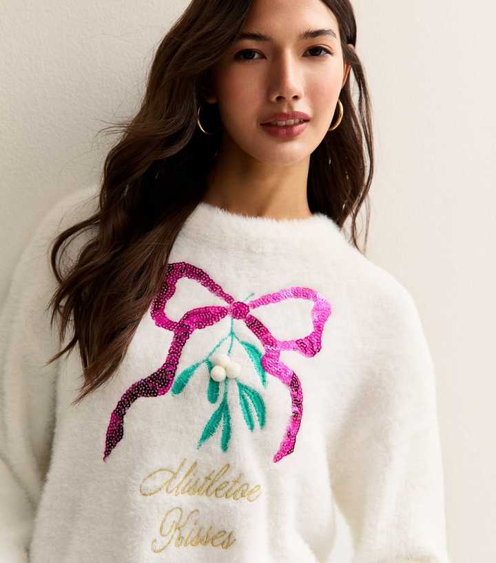 White Fluffy Embroidered Mistletoe Motif Jumper | New Look