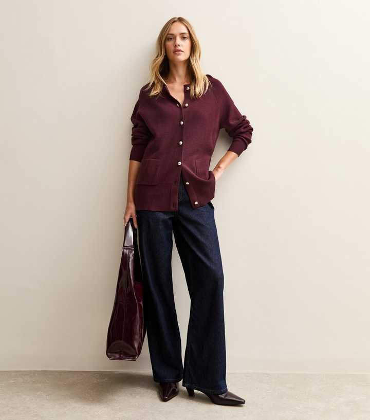 Burgundy Longline Crew Neck Cardigan | New Look