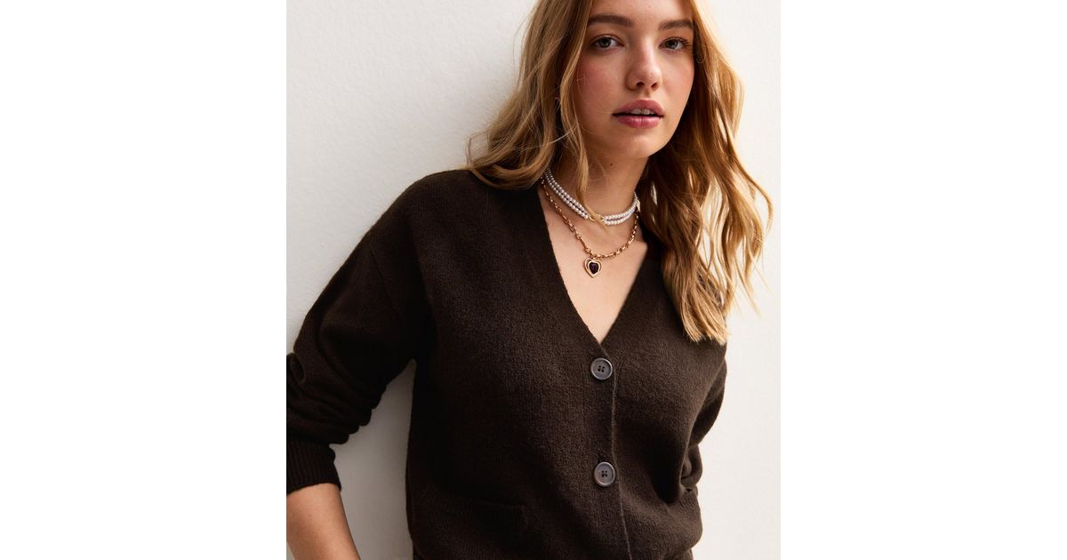 Dark Brown Button Front Patch Pocket Cardigan | New Look