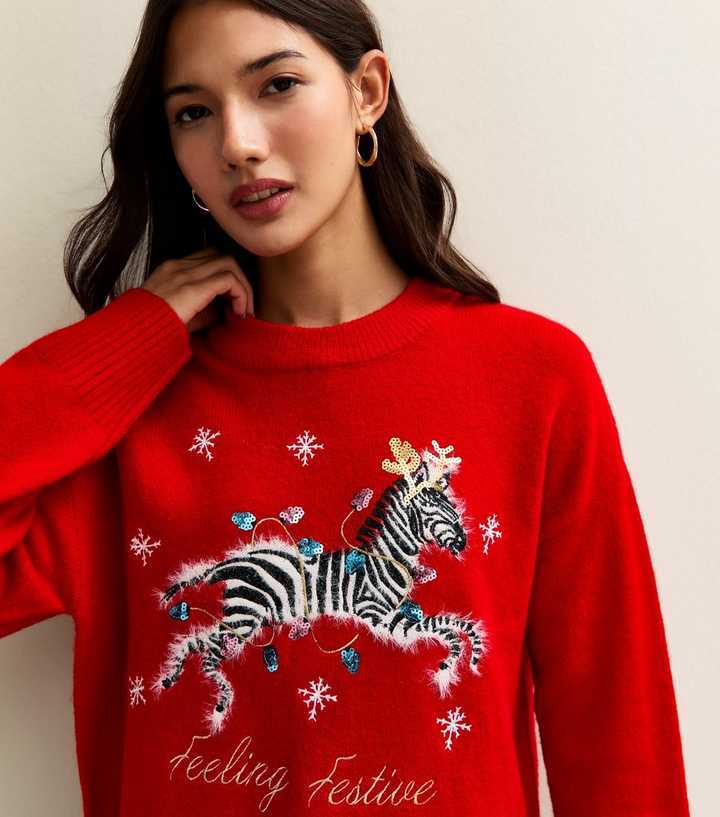 Red Christmas Embroidered Zebra Feeling Festive Jumper | New Look