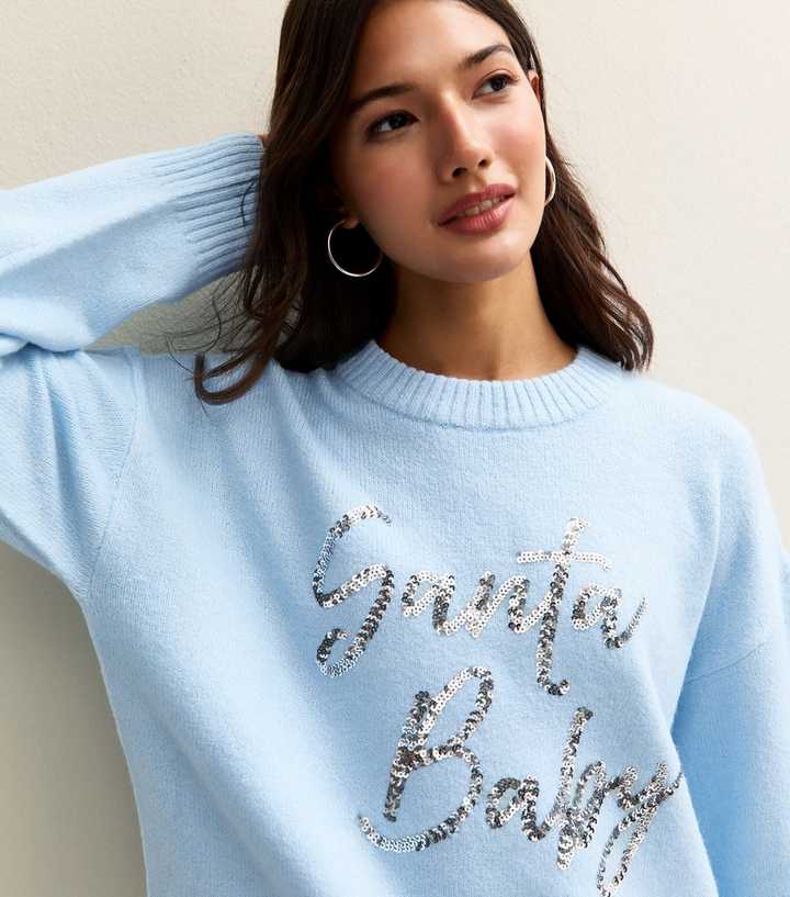Blue Christmas Sequin Santa Baby Jumper | New Look