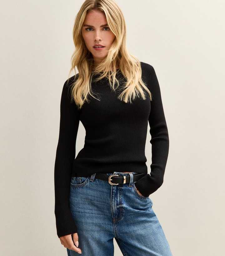 Petite Black Ribbed Knit Crew Neck Jumper | New Look