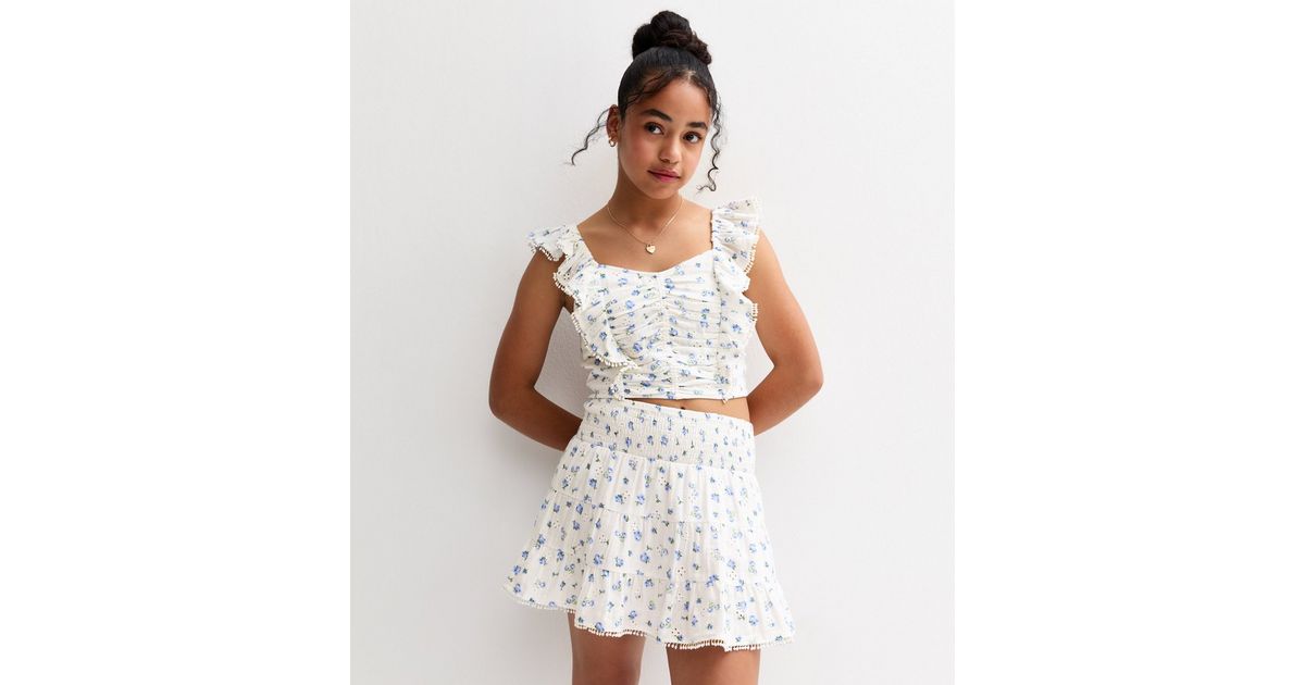Girls White Ditsy Print Broderie Embroidered Rara Skort | New Look